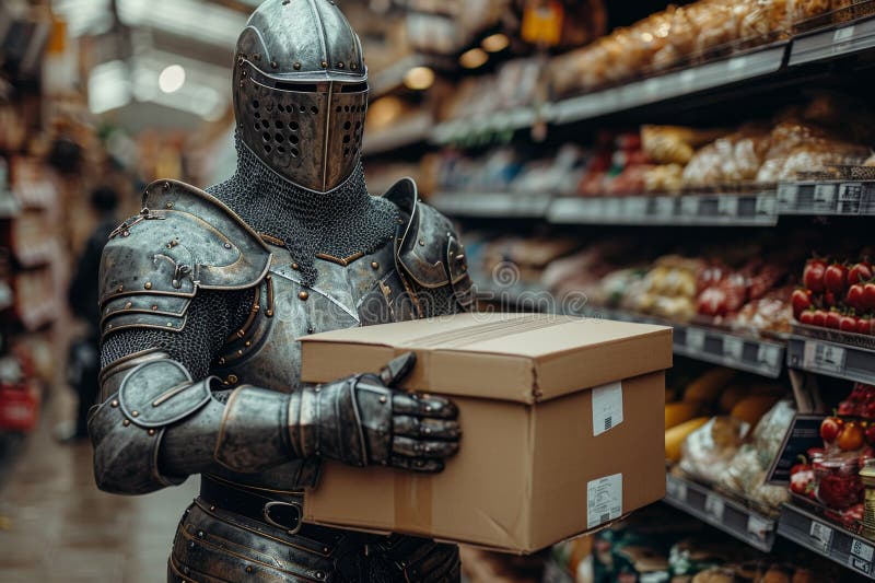 A Medieval Knight in Armor Stands with a Cardboard Box in a Store Stock ...