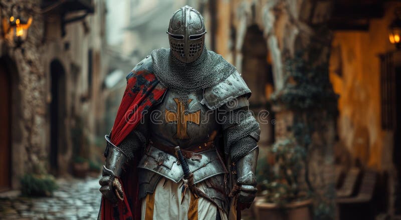 A Medieval Knight with Armour Stands on an Alleyway Stock Illustration ...