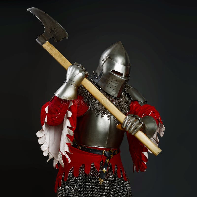 Medieval Knight With An Axe On Grey Background Stock Image - Image of ...