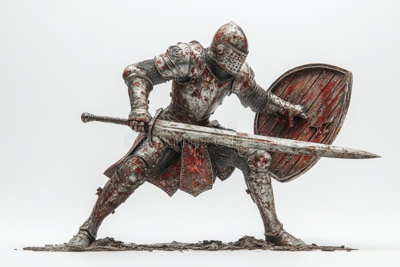 Medieval Knight in Battle Stance Preparing for Combat with a Sword and ...