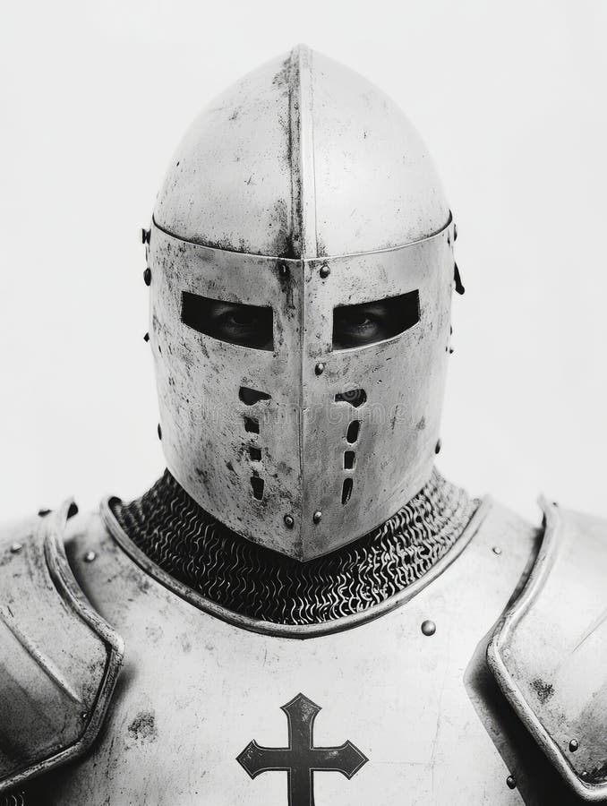 A Medieval Knight, Clad in Armor and Chainmail, Donned a Helmet and ...