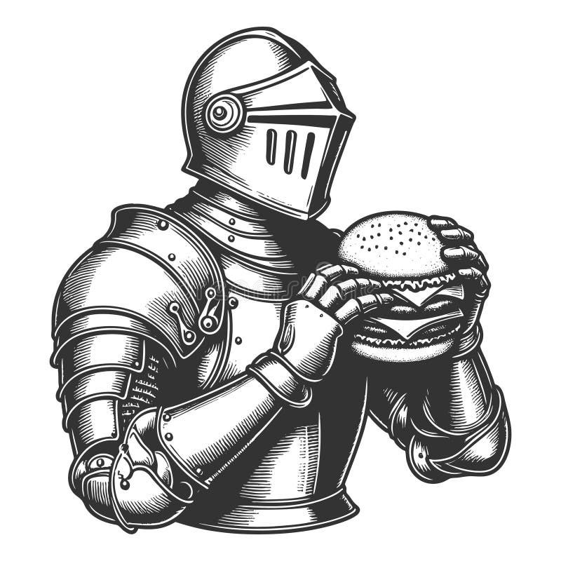 Medieval Knight Eating Burger Engraving Raster Stock Illustration ...