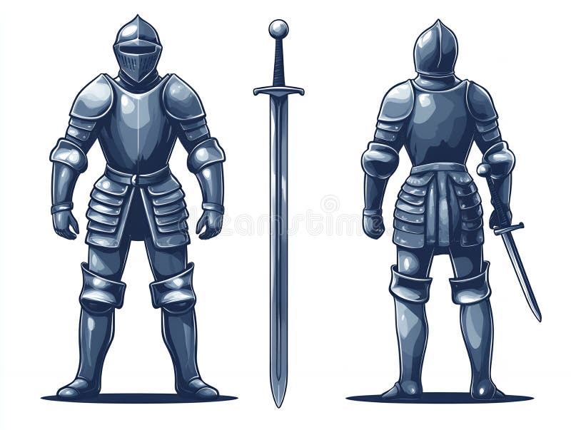 Medieval Knight in Full Armor Front and Back View with Sword ...