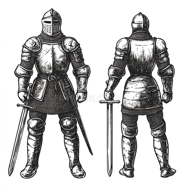 Medieval Knight in Full Armor Front and Back Views Hand Drawn ...