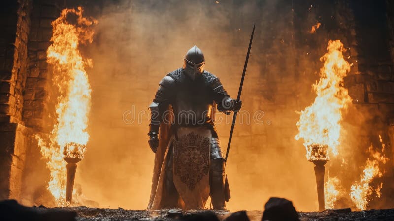 Medieval Knight Holding Spear in Burning Castle Stock Illustration ...