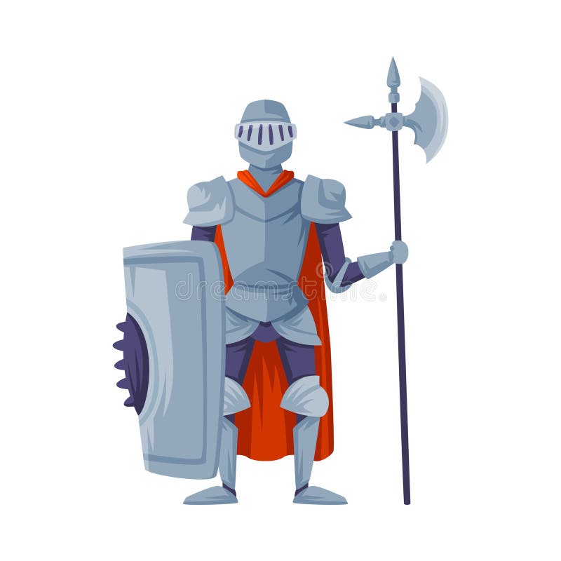 Medieval Knight in Full Armour Standing with Shield and Poleaxe, Front ...