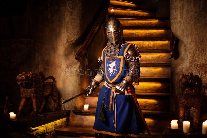 Medieval Knight on Guard in Ancient Castle Interior. Stock Image ...