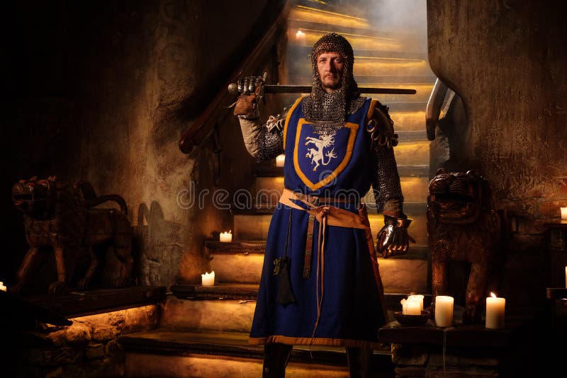 Medieval Knight on Guard in Castle Interior. Stock Image - Image of ...