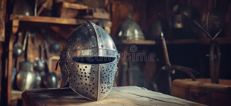 Medieval Knight Helmet Displayed on Wooden Table in Armory with Various ...