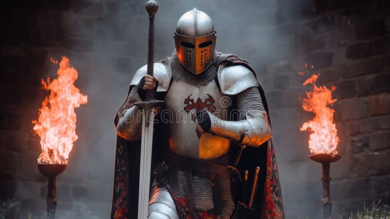 Medieval Knight Holding Sword in Burning Castle Stock Illustration ...
