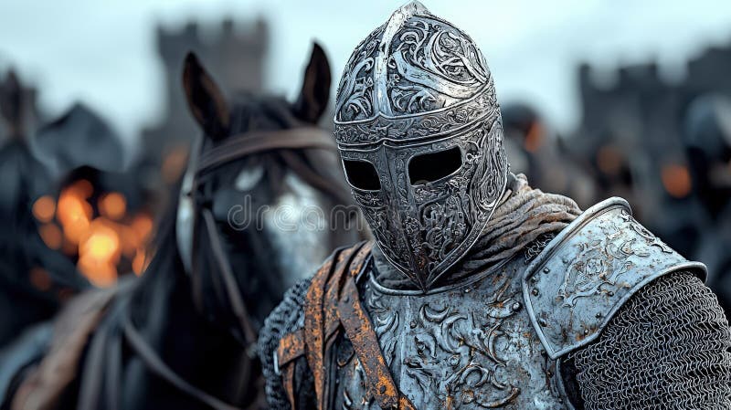 Medieval Knight in Ornate Armor Next To a Horse Surrounded by a ...
