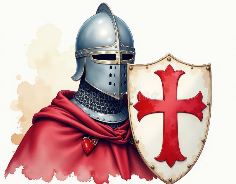 Medieval Knight with Red Cross Shield Stock Illustration - Illustration ...