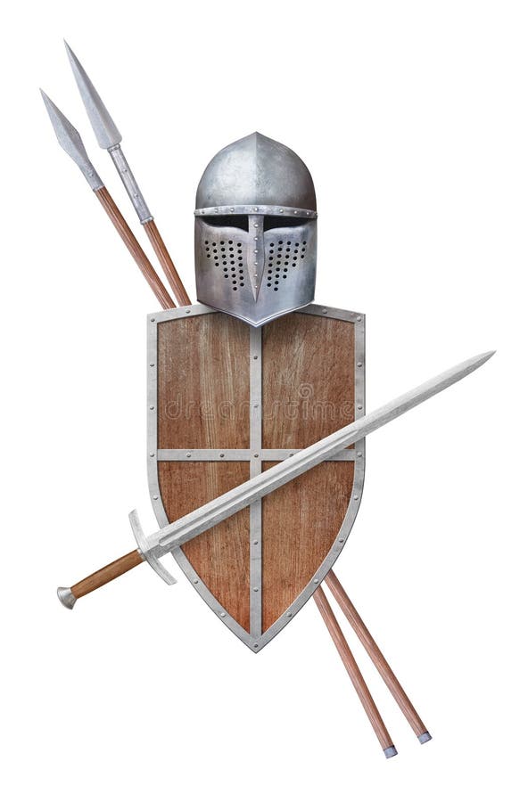 Knight S Helmet Shield Sword and Two Spears Isolated on White Stock Photo - Image of protection ...