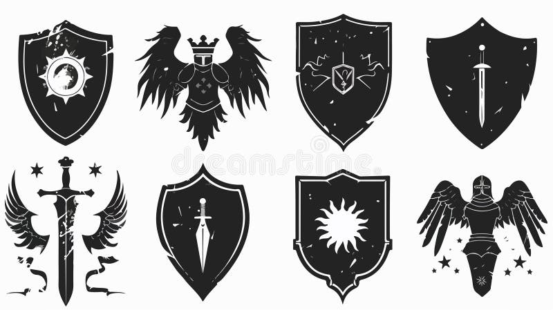 Medieval Knight Shields on White Background with Black Coat Armor Stock ...