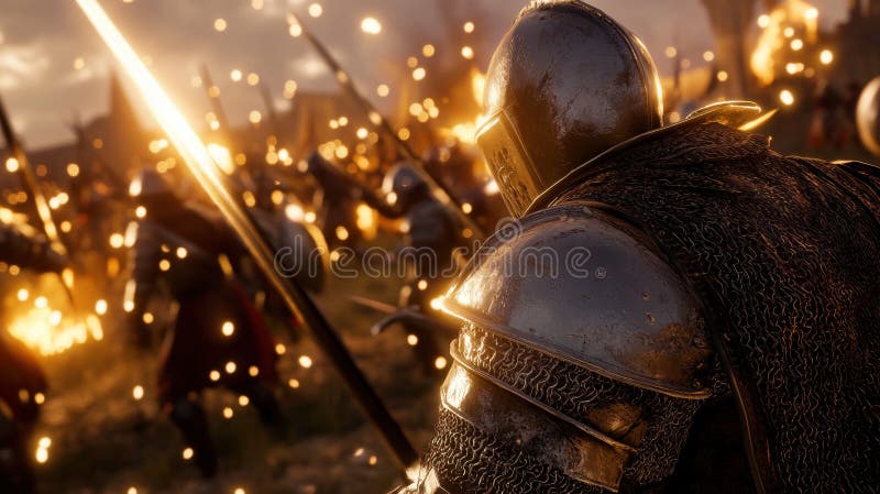 Medieval Knight in Shining Armor in Epic Battle at Sunset Stock ...