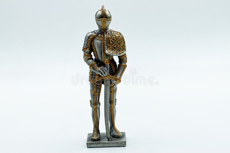 Medieval Knight in Silver and Gold Armour with Sword, Isolated on White ...