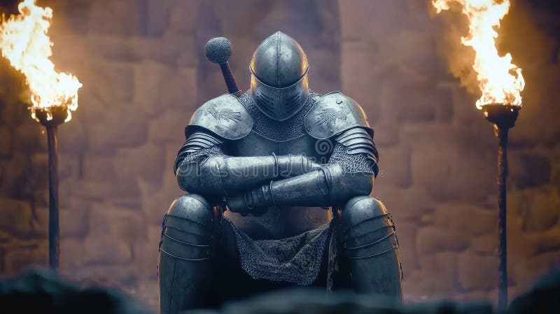 Medieval Knight Sitting with Folded Arms in a Dark Castle Stock ...
