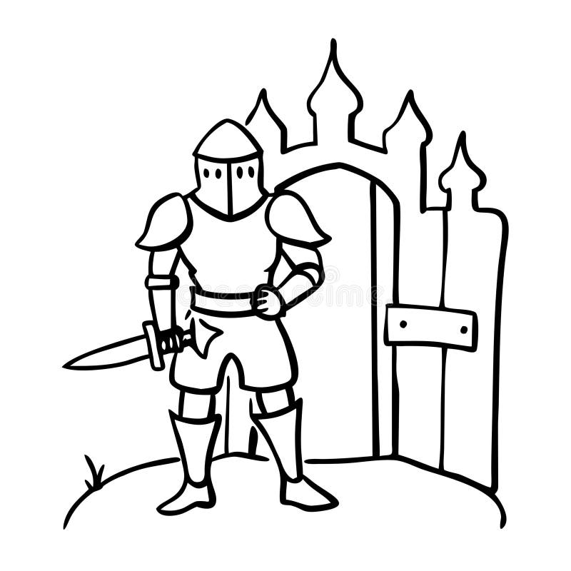 Medieval Knight Standing Guard at Castle Gate Vector Illustration Stock ...