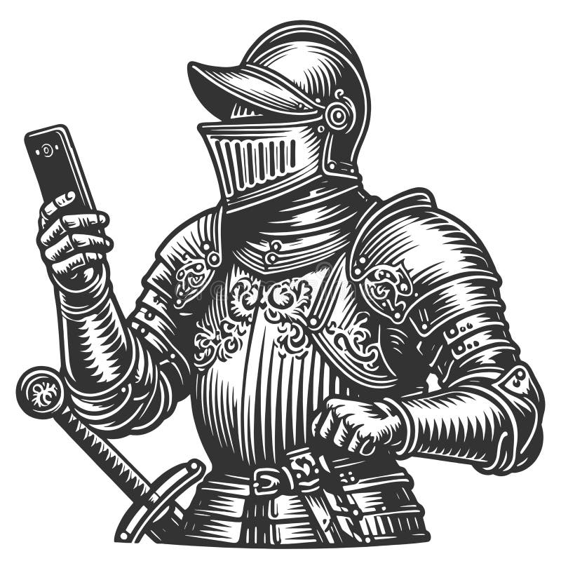 Medieval Knight Using Smartphone Engraving Vector Stock Vector ...