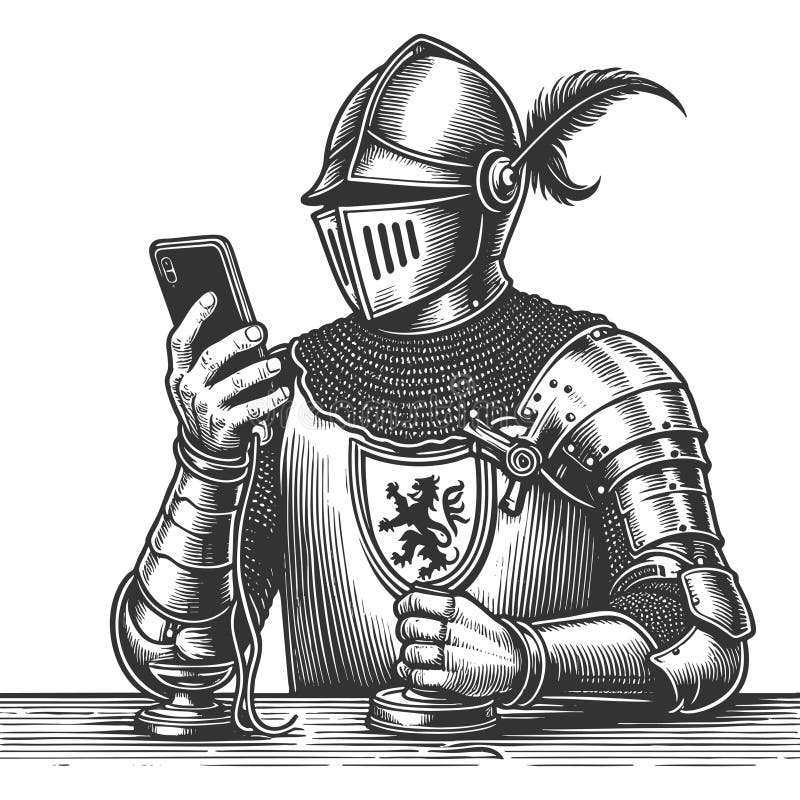 Medieval Knight Using Smartphone Engraving Vector Stock Vector ...