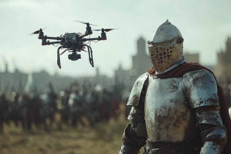 Medieval Knight Watching Drone Filming Battle Scene, Showcasing ...