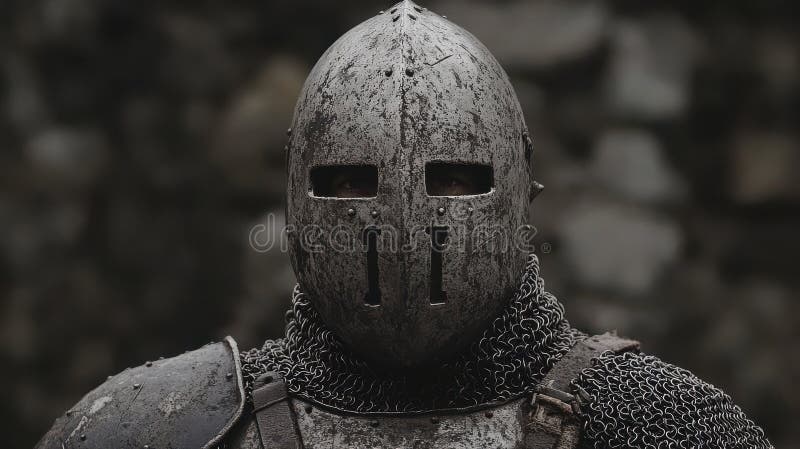 Medieval Knight Wearing Chainmail and Helmet Posing in Front of Stone ...