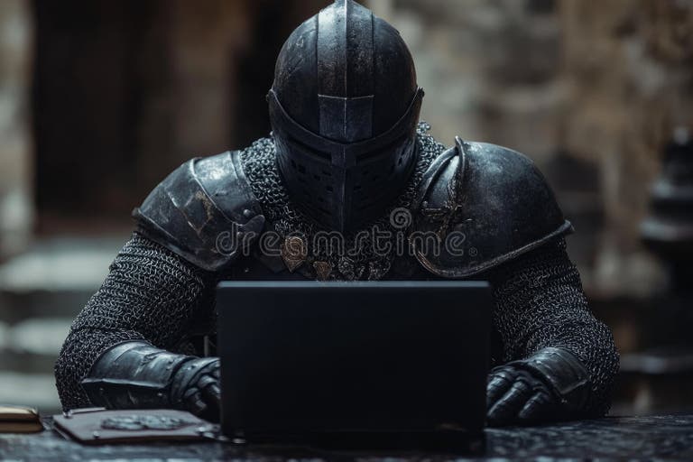 Medieval Knight Wearing Full Armor Using a Modern Laptop in a Castle ...