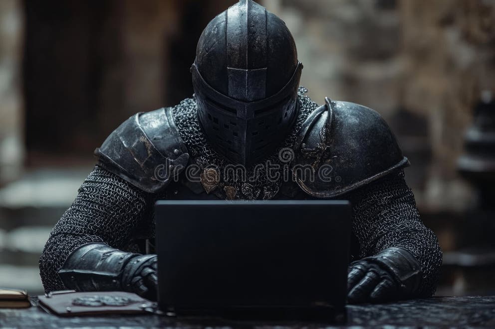 Medieval Knight Wearing Full Armor Using a Modern Laptop in a Castle ...