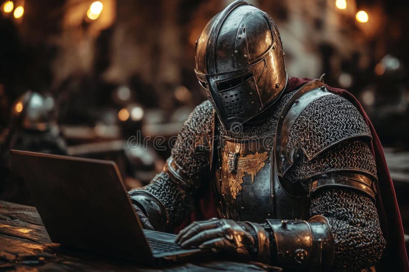 Medieval Knight Wearing Full Body Armor Using Modern Laptop in Ancient ...