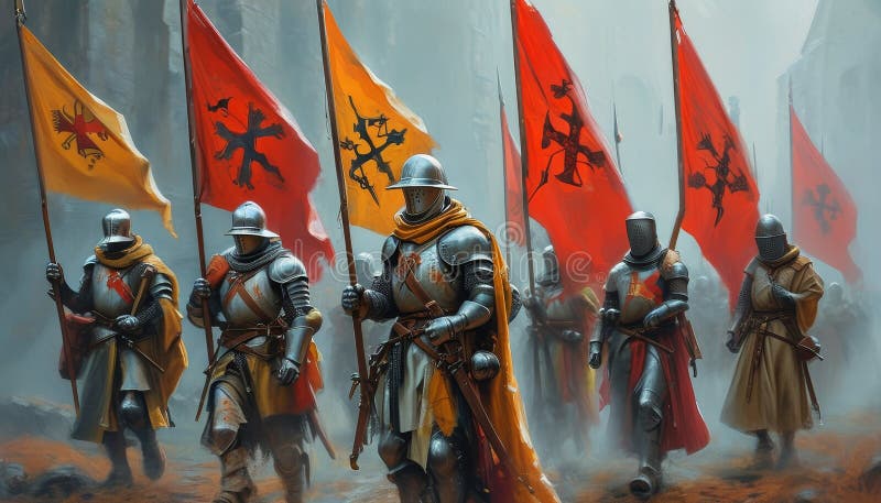 Medieval Knights Marching with Flags in Battle Formation Stock ...
