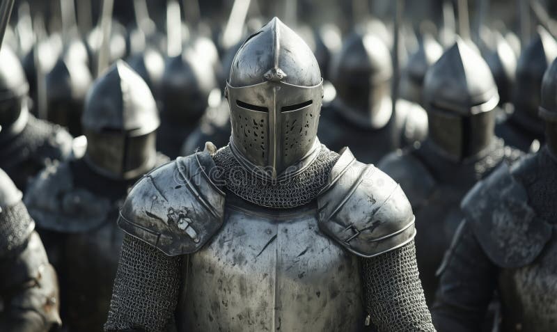 Medieval Knights in Silver Armor and Chainmail, Standing in Formation ...