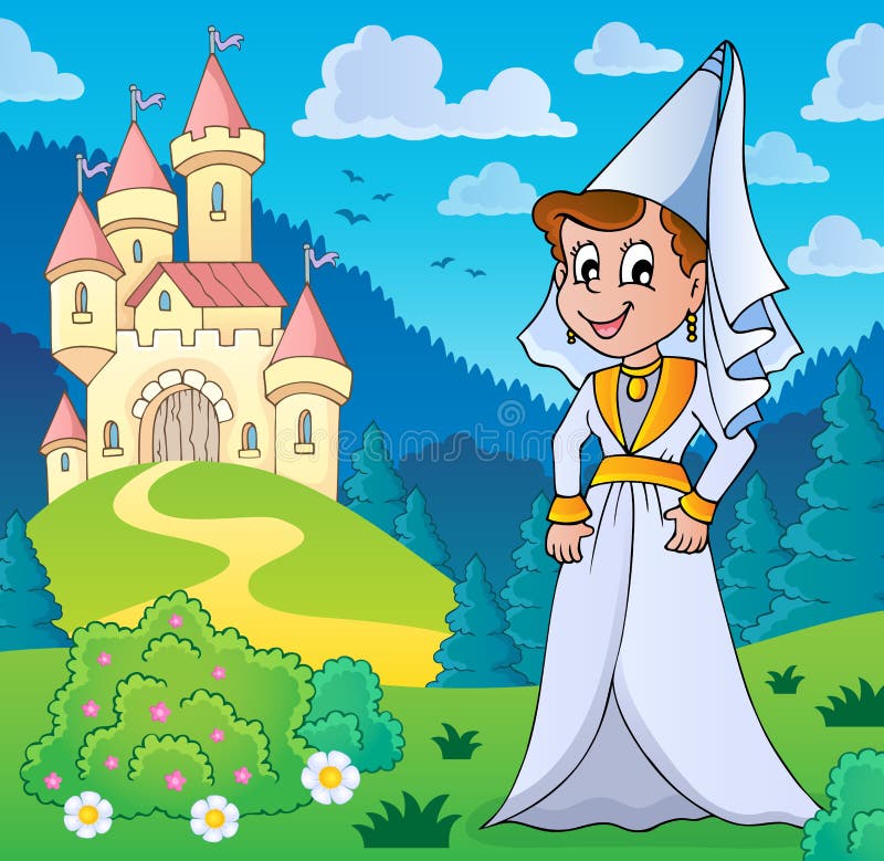 Medieval Lady Near Stylized Castle Stock Vector - Illustration of ...