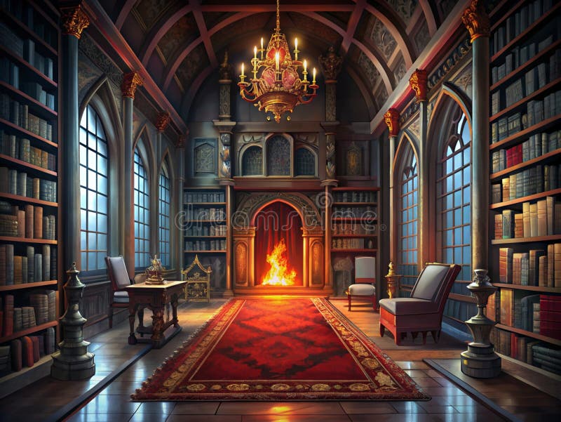 Medieval Library with Fireplace Stock Vector - Illustration of room ...