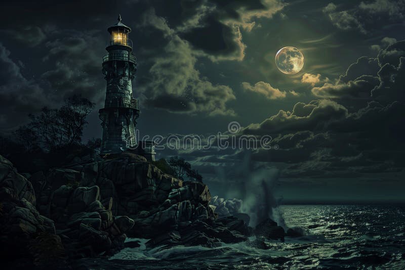 Medieval Lighthouse in the Dark Stock Illustration - Illustration of ...