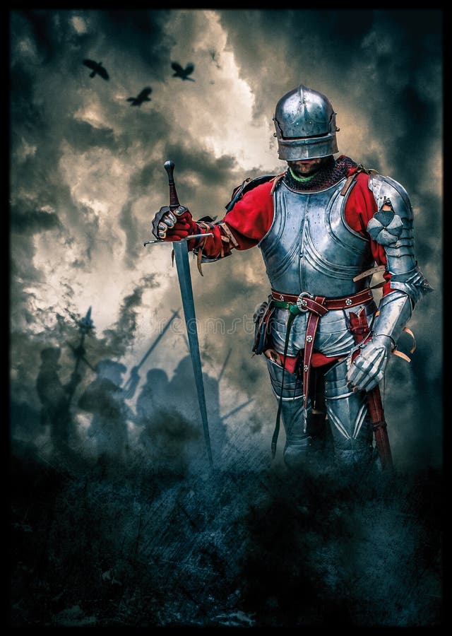 Female Warrior Knight Kneeling Proudly Wearing Decorative Metal Armor ...