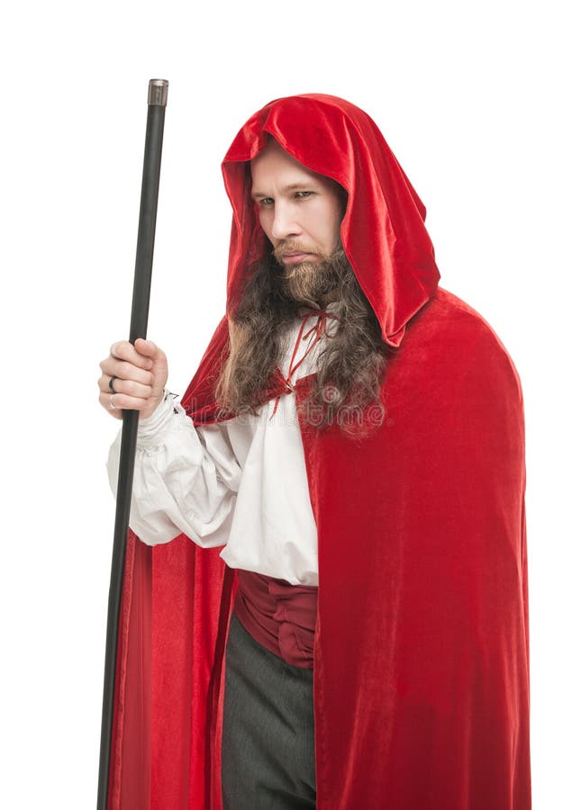 Medieval Man in Cape with Cane Isolated Stock Photo - Image of handsome ...