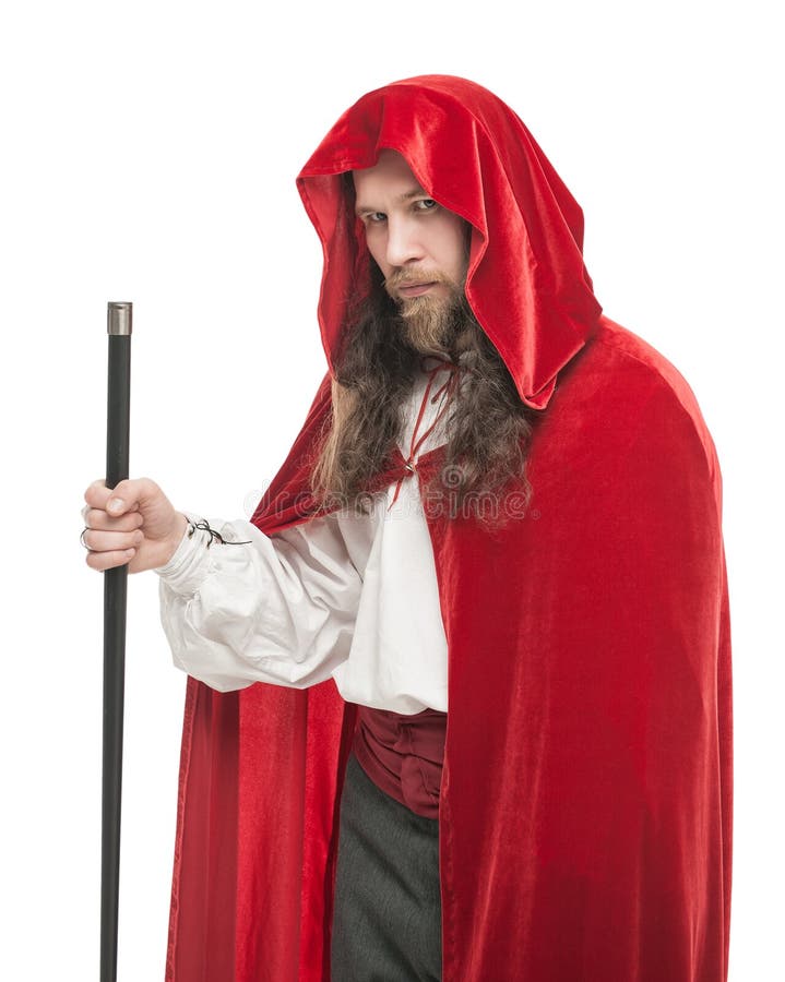 Medieval Man in Cape with Cane Isolated Stock Photo - Image of handsome ...