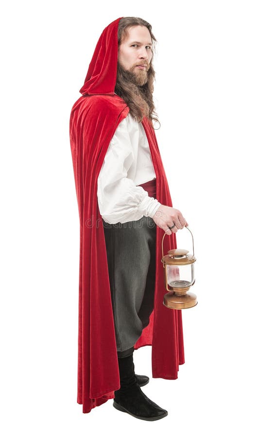 Medieval Man in Cape with Cane Isolated Stock Photo - Image of handsome ...