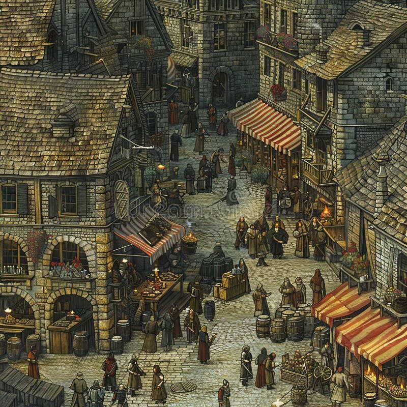 Medieval Marketplace Bustling with People, Shops, and Architecture ...