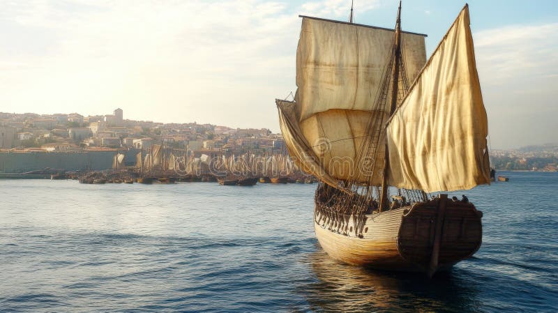 Medieval Merchant Ship with Billowing Sails Approaching a Busy Port ...