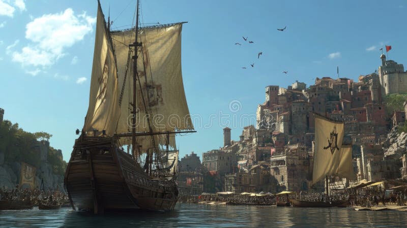 Medieval Merchant Ship with Billowing Sails Approaching a Busy Port ...