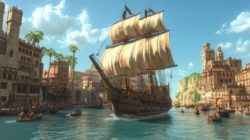 Medieval Merchant Ship with Billowing Sails Approaching a Busy Port ...