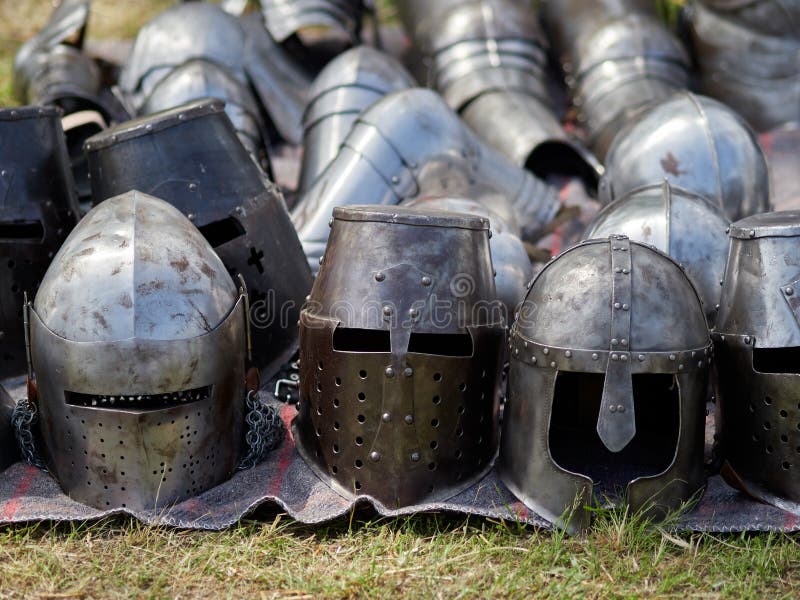 Medieval Metal Helmet and Weapons Stock Image - Image of fortress ...