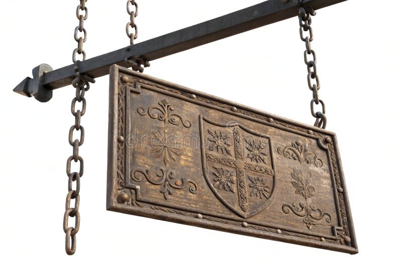 Medieval Metal Signboard Hanging on Chains Isolated on White Stock ...
