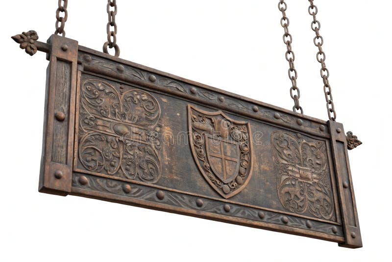 Medieval Metal Signboard Hanging on Chains Isolated on White Stock ...