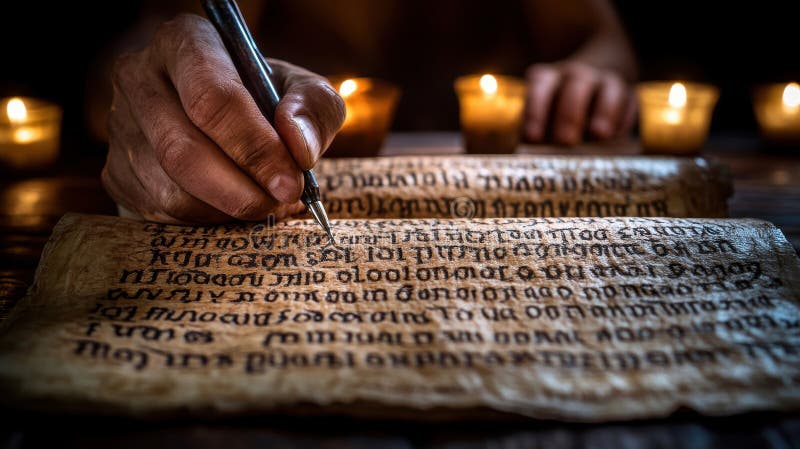 Medieval Monk Writing on Ancient Parchment by Candlelight Stock ...