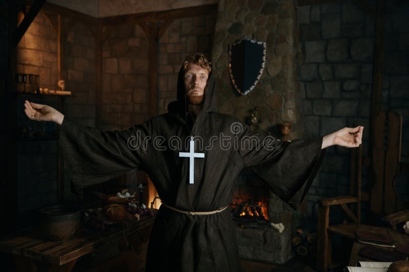 Medieval Monk Standing in Cathedral Stock Image - Image of antique ...