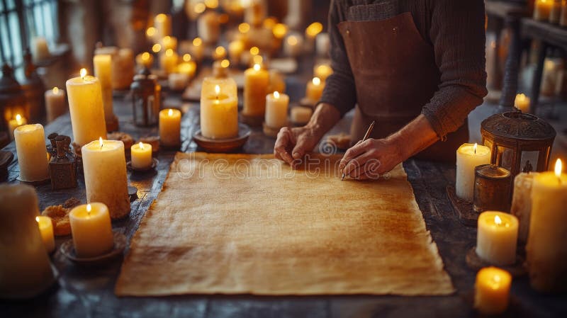 Medieval Monk Writing on Parchment by Candlelight in Scriptorium Stock ...
