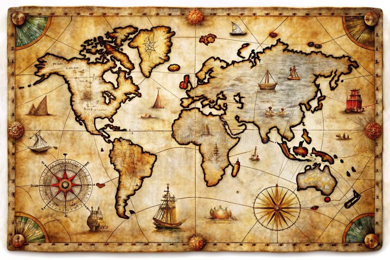 Medieval Nautical or Pirates Map Stock Illustration - Illustration of ...
