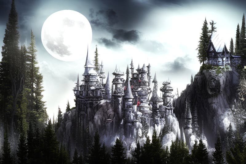 The Castle Illuminated by the Full Moon in the Mysterious Night ...